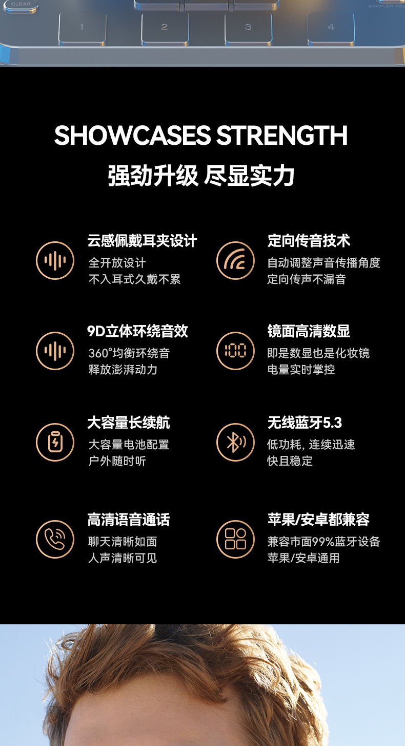 跨境新款M47骨传导蓝牙耳机夹耳式镜面数显无线降噪运动超长续航价格,厂家,品牌,批发市场,图片优选义乌1元2元店3元10元店货源批发