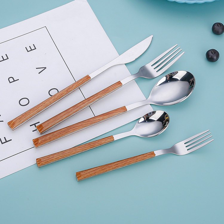 Japanese-style simple stainless steel tableware, creative wood-handled knives, forks and spoons ...